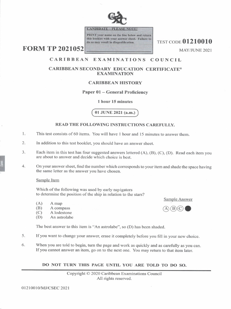CSEC History Paper 1 2021 | PDF