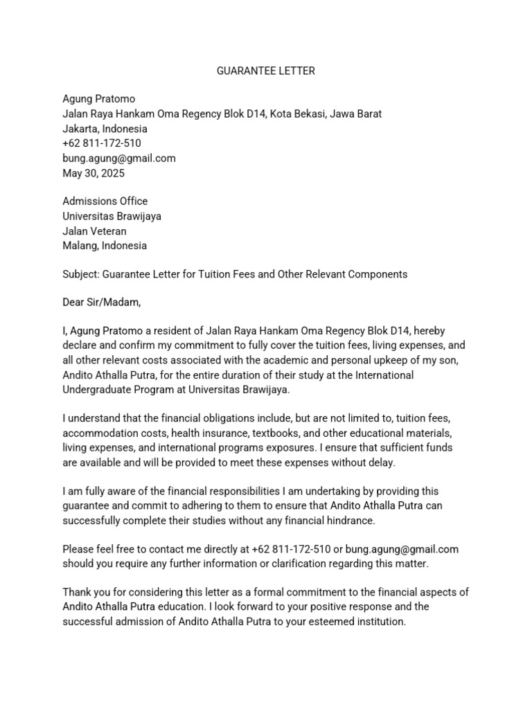 Guarantee Letter UB | PDF