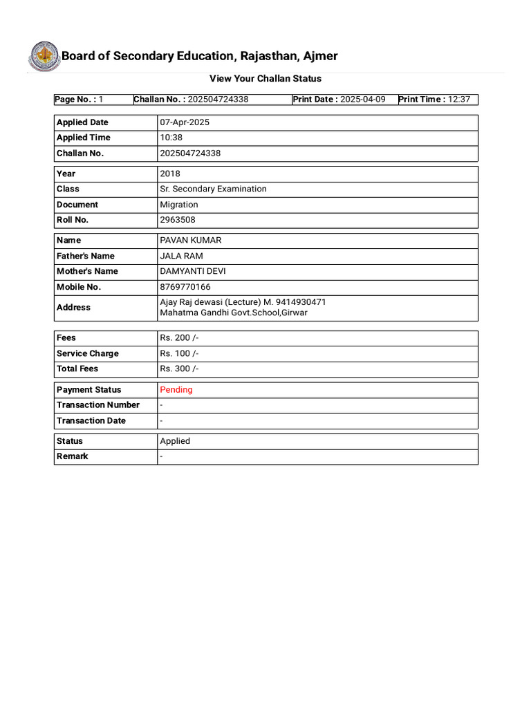 Board of Secondary Education, Rajasthan, Ajmer | PDF