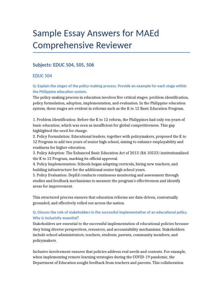 MAEd Essay Answers 504 505 506 | PDF | Teachers | Policy