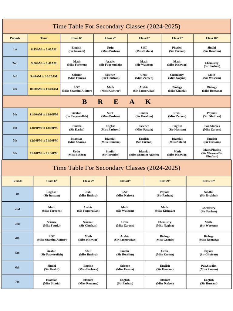 High School Class Timetable 2024-25 | PDF