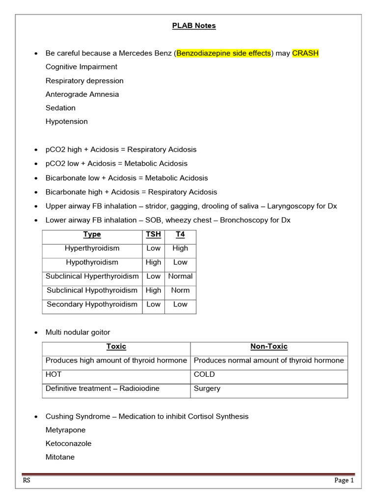 PLAB Notes Self (3) | PDF | Genetic Disorder | Hypothyroidism