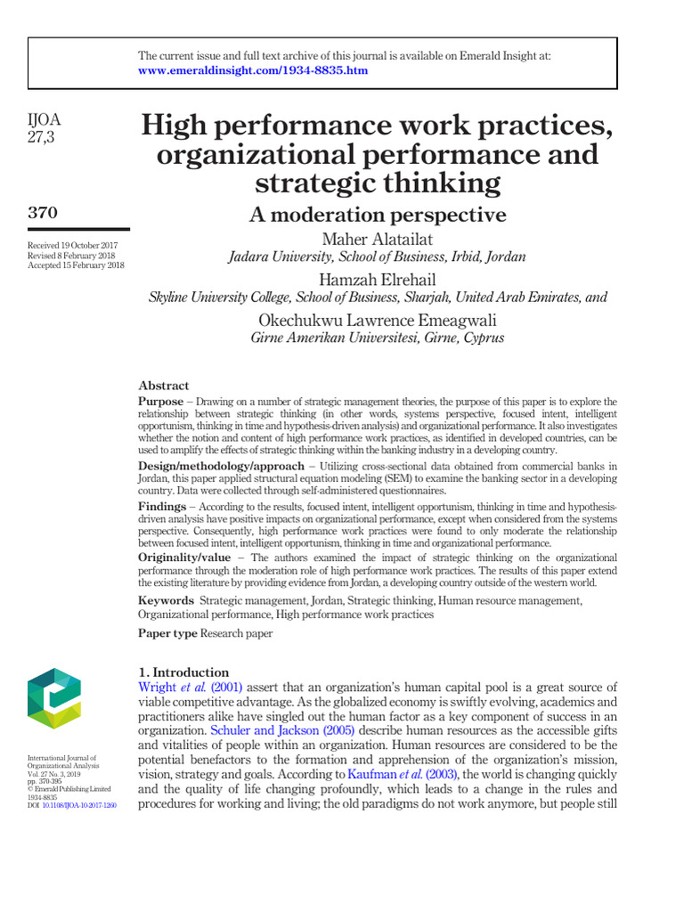 High Performance Work Practices, Organizational Performance and Strategic Thinking | PDF ...