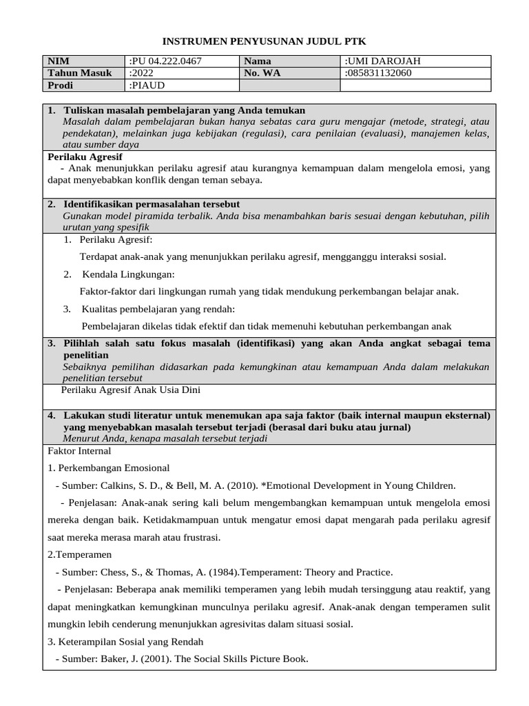 INSTRUMEN PENYUSUNAN JUDUL PTK (1) Ummy | PDF