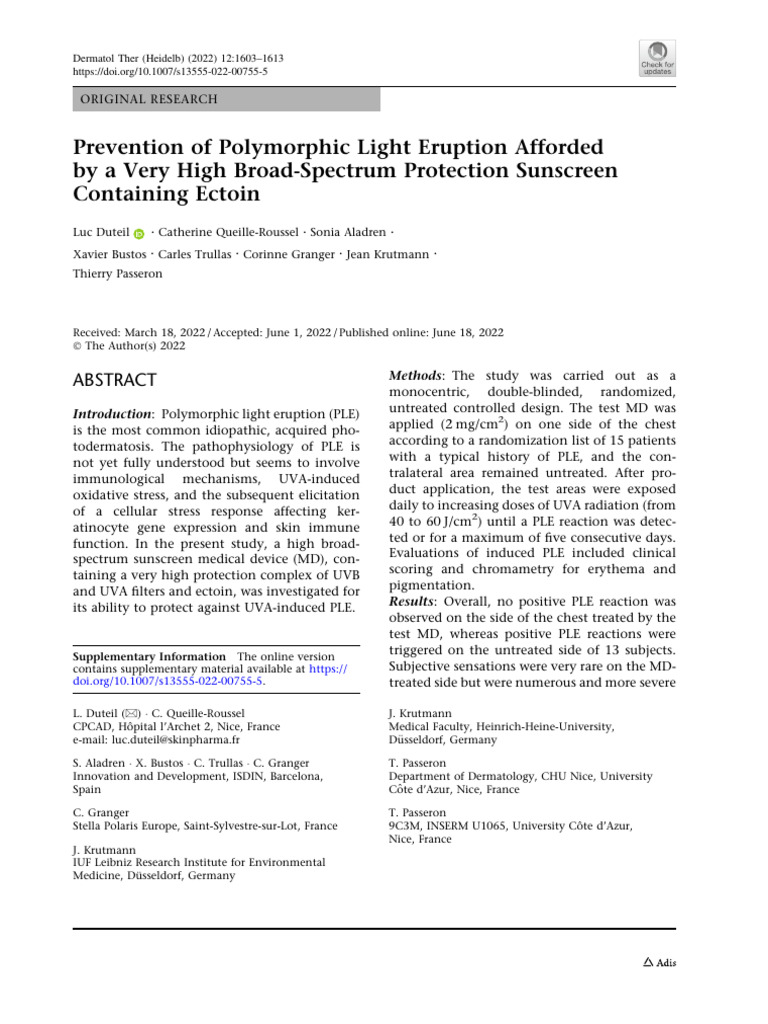 Dermatology & Therapy (UVA PF 지속시간, 발진보호 관련) | PDF | Sunscreen ...