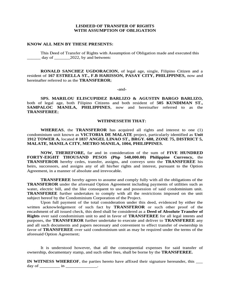 1912a Victoria de Malate, Deed | PDF | Deed | Justice