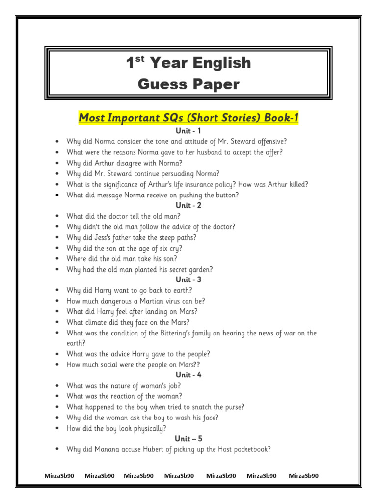 1st Year English Guess Paper | PDF