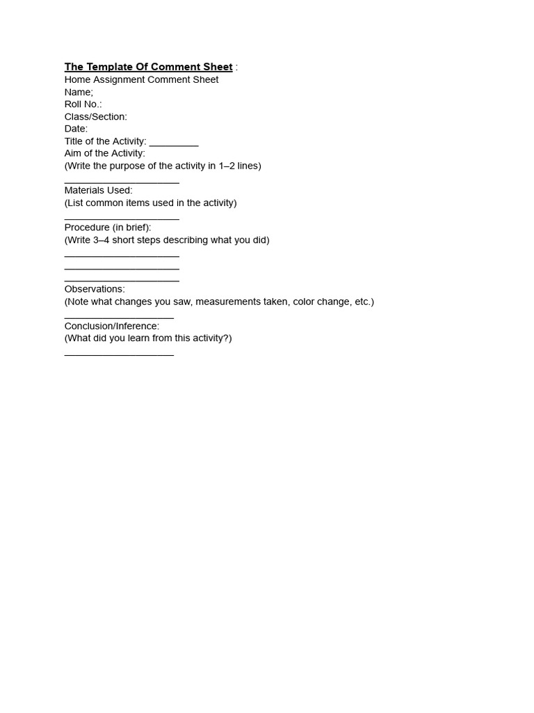 The Template of Comment Sheet - Biology | PDF