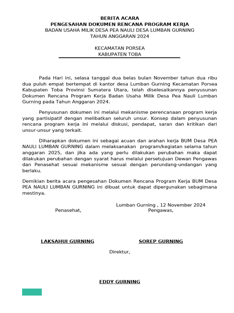 Rencana Kerja BUM Desa Lumban Gurning | PDF
