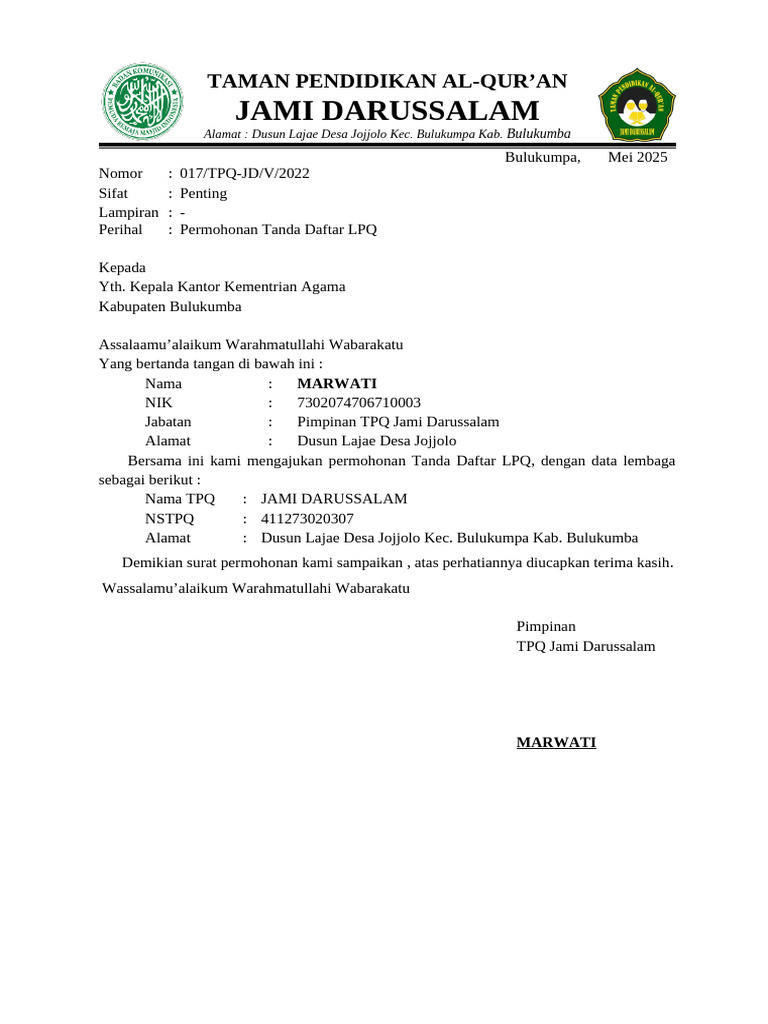 Surat Permohonan Tanda Daftar TPQ | PDF