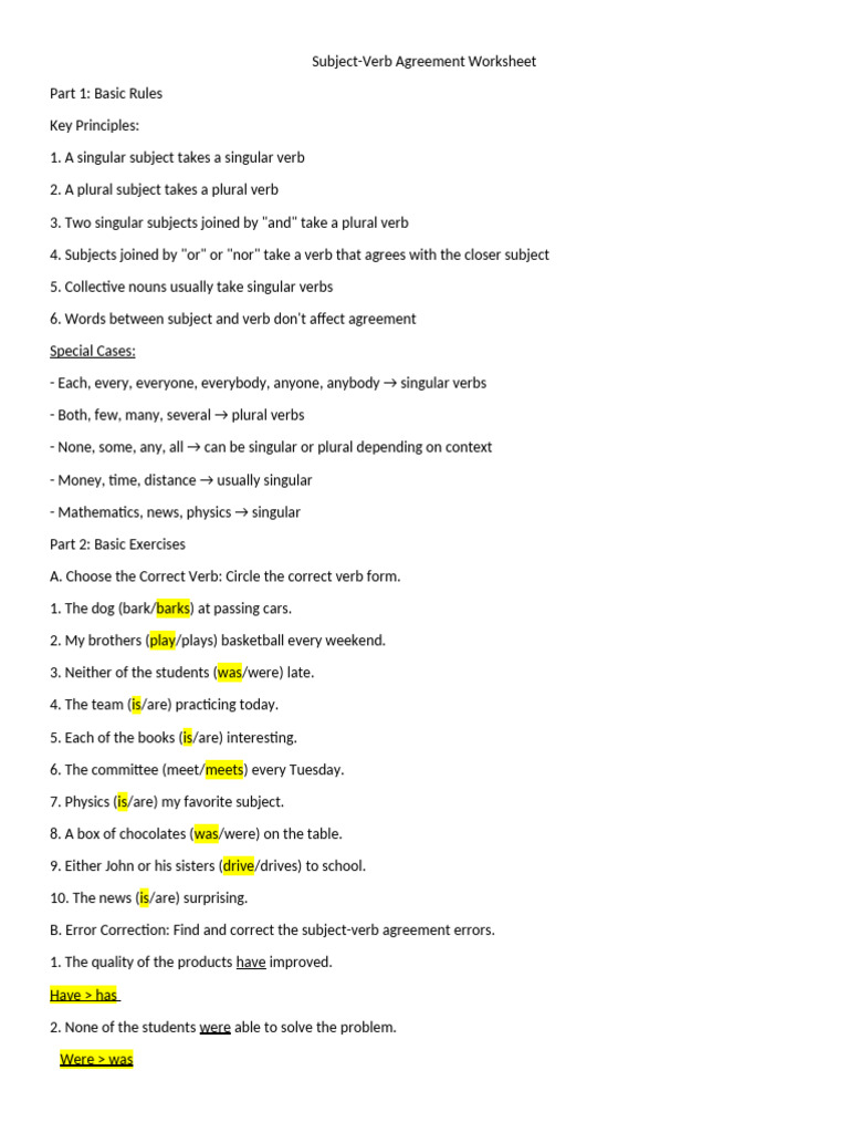 Subject-Verb Agreement Worksheet | PDF | Grammatical Number | Verb