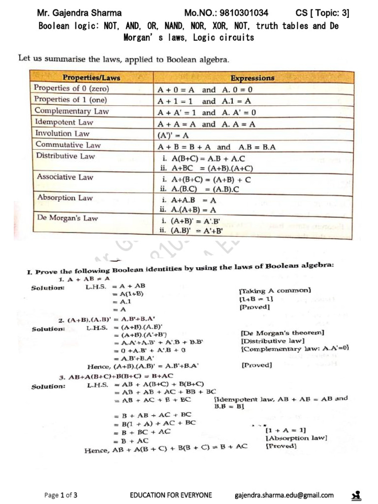1 Class 11 Unit 1 Computer Systems and Organisation Boolean Logic 1.2 | PDF