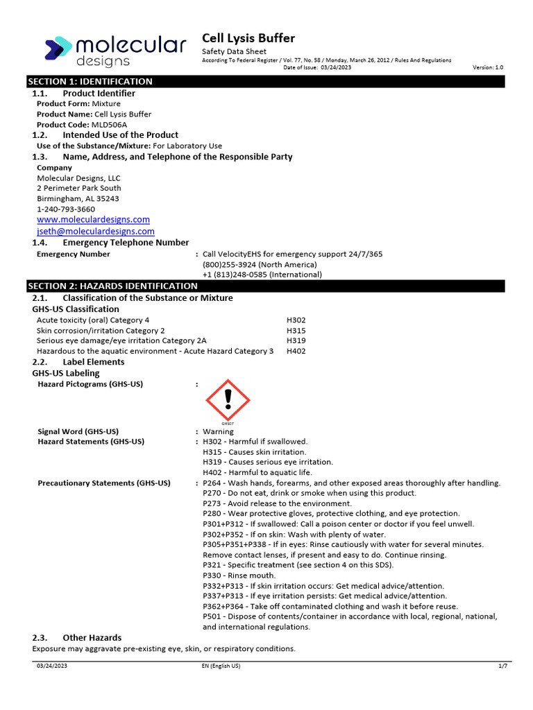 Cell Lysis Buffer SDS US | PDF | Firefighting | Toxicity