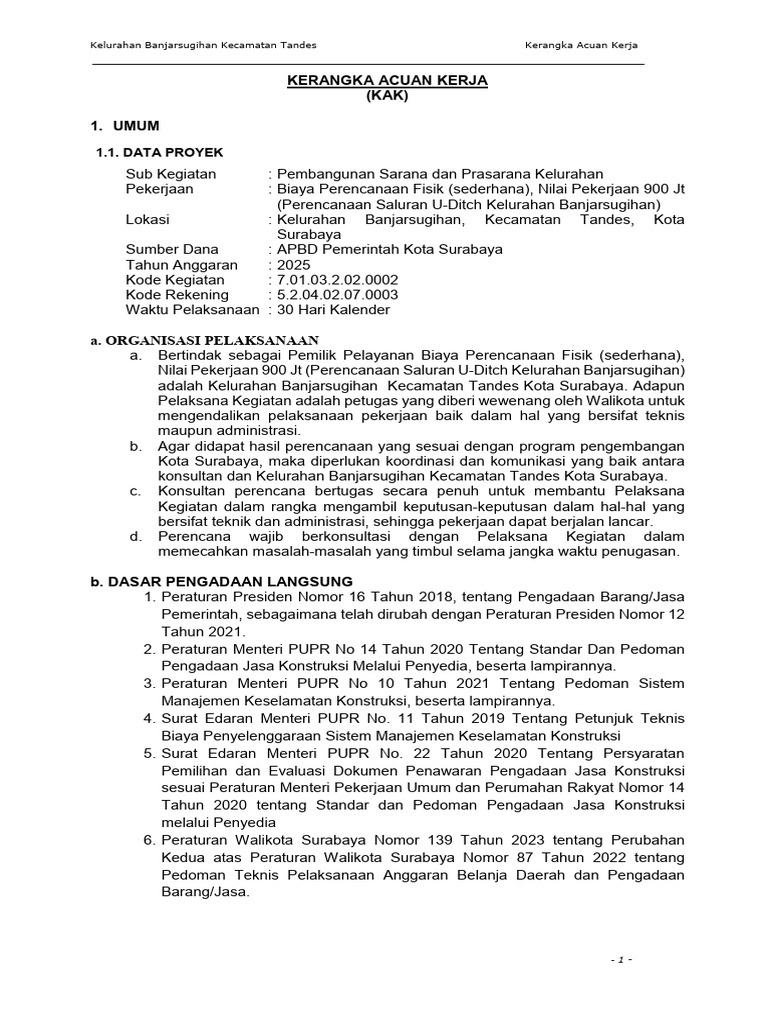 Kerangka Acuan Kerja (KAK) 1. Umum: 1.1. Data Proyek | PDF