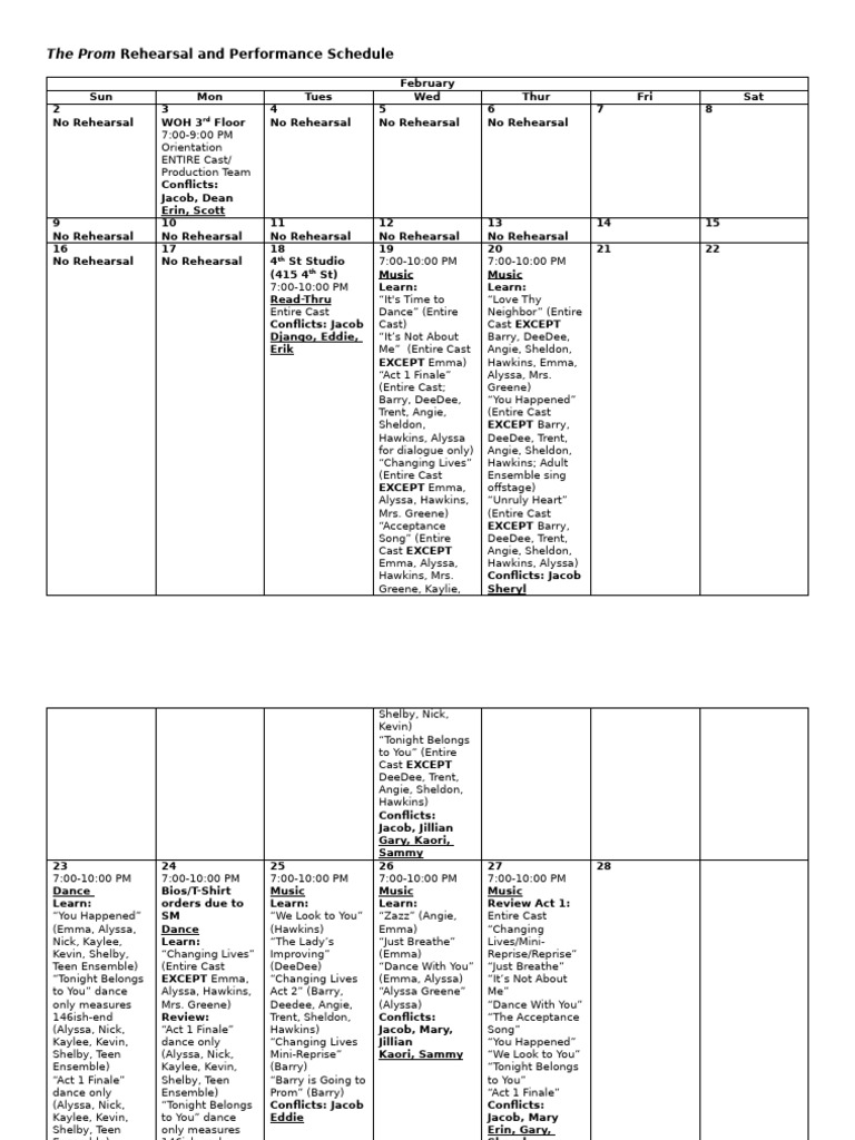Prom Rehearsal Schedule 2024 | PDF | American Plays | Musical Theatre