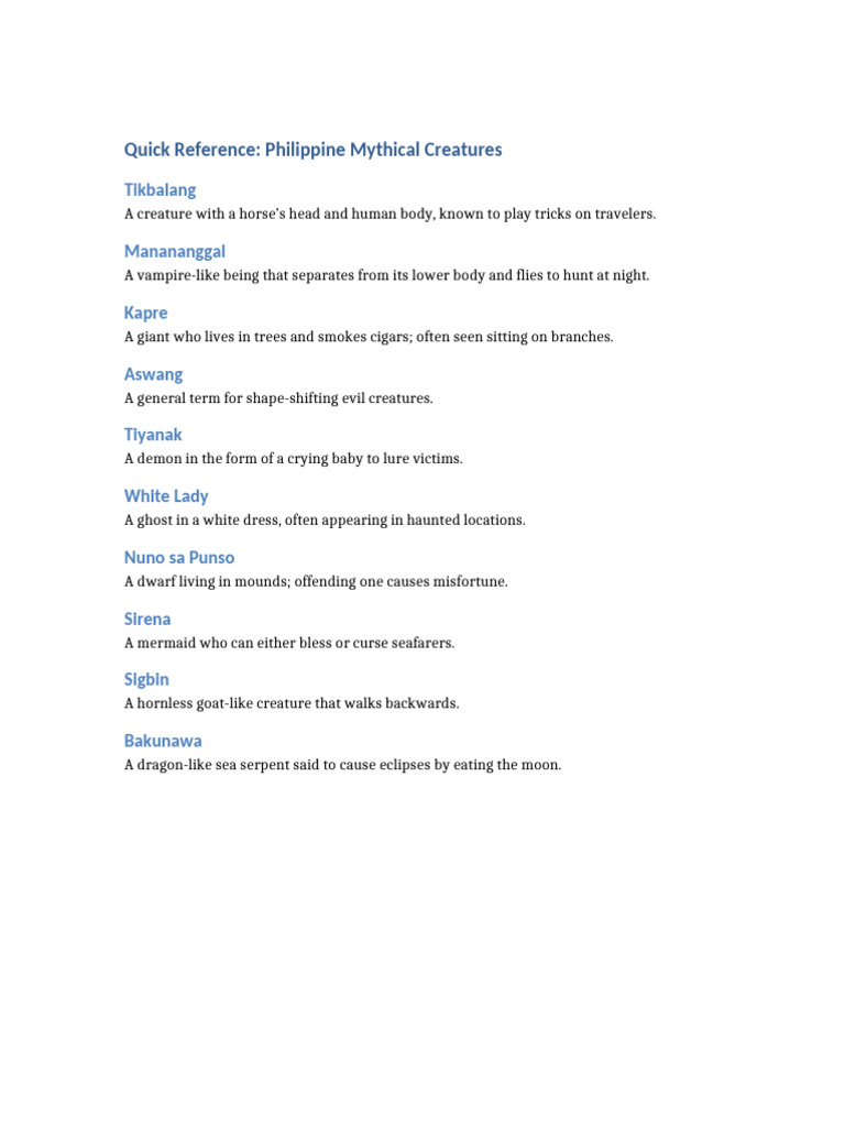 Philippine Mythical Creatures Overview | PDF