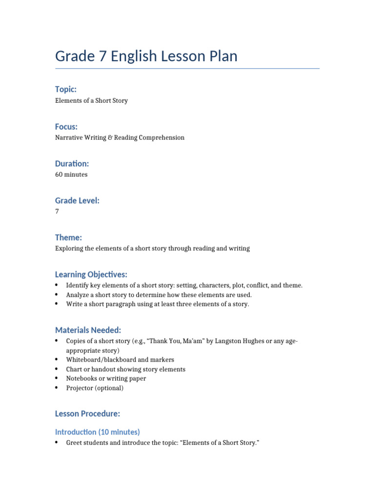 Grade 7 Short Story Elements Lesson Plan | PDF