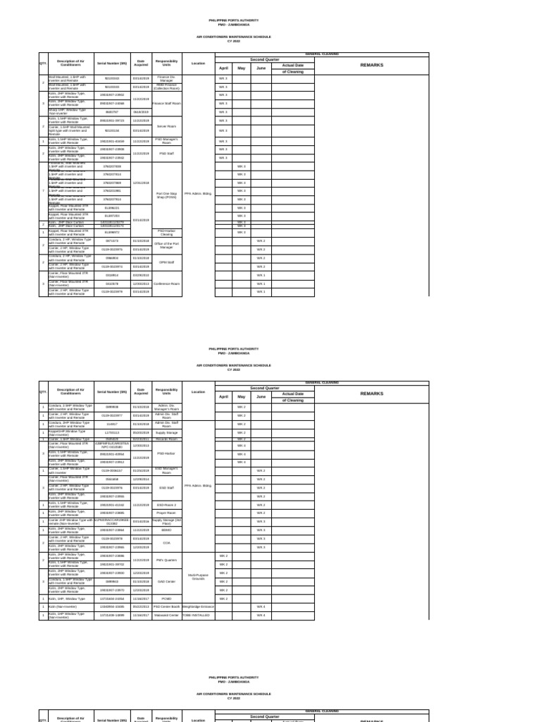 Aircon Maintenance Schedule Q2 2022 | PDF | Building Engineering ...