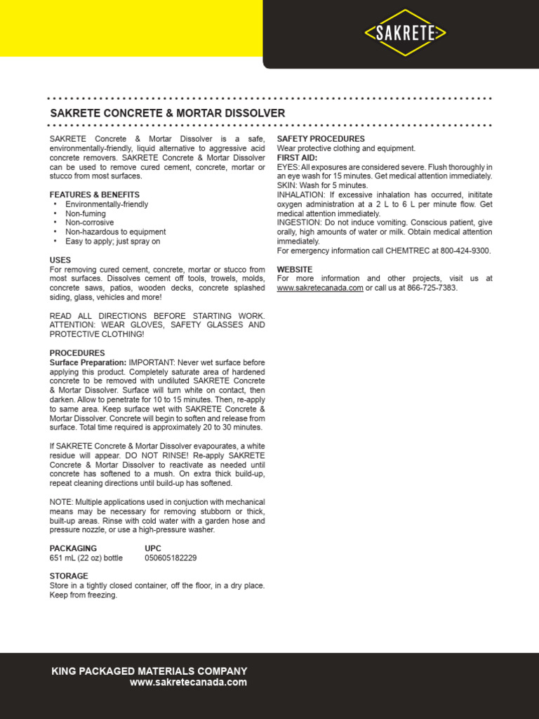 SAKRETE Concrete Mortar Dissolver - Product Sheet - 2025 05 24 | PDF ...