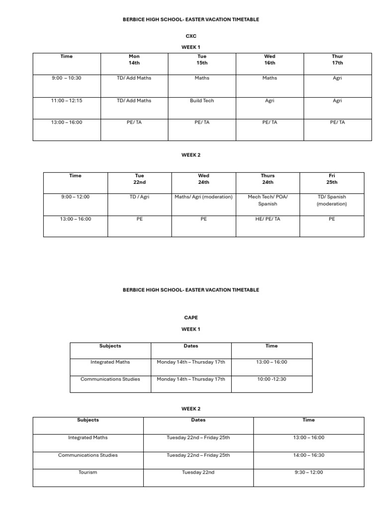 Easter Vacation Timetable | PDF