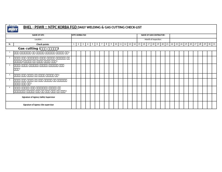 Gas Cutting Daily Checklist | PDF
