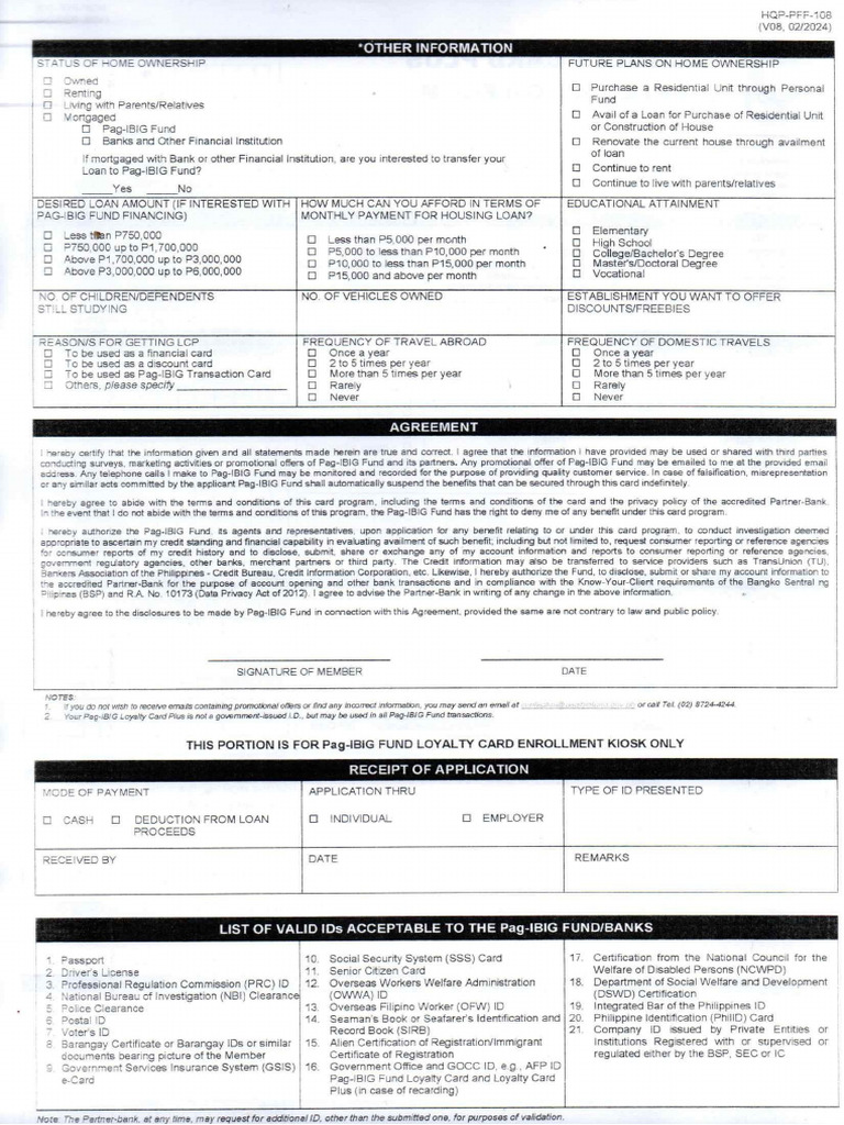 Pag-Ibig Loyalty Card Form 2024 (BACK) | PDF