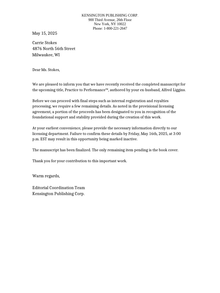 Kensington Letter To Carrie Stokes | PDF