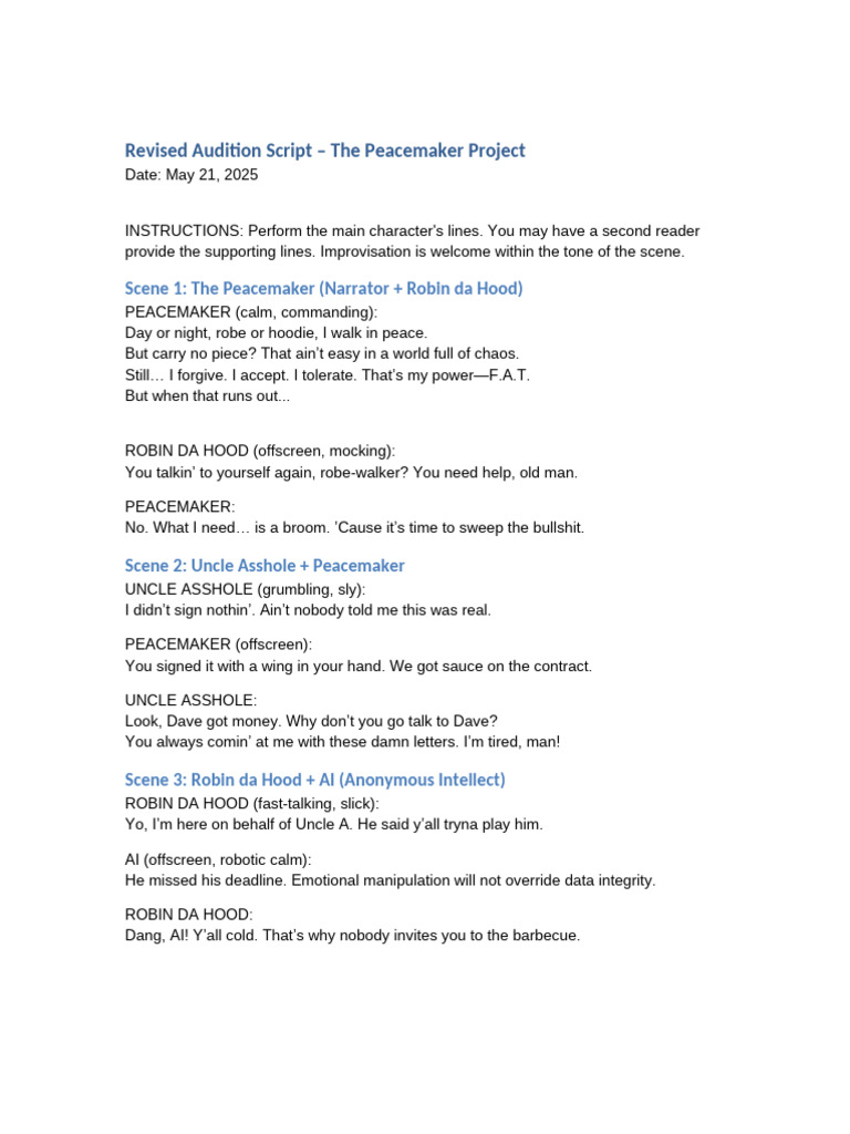 Peacemaker Audition Script Revised | PDF