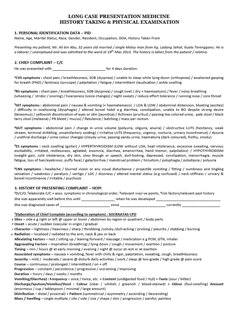Long Case Presentation Medicine Template | PDF | Cough | Medical ...