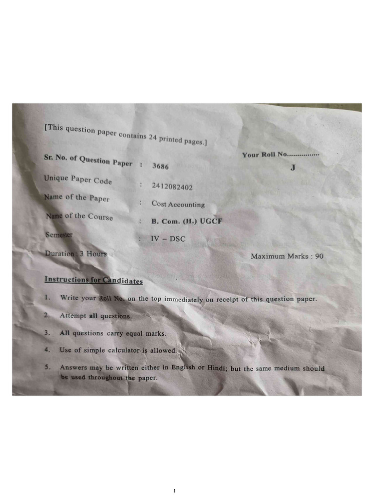 Cost accounting DU pyq 2025 | PDF