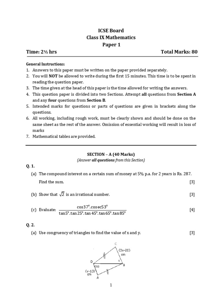 ICSE Class IX Math Exam Paper 1 | PDF | Area | Triangle