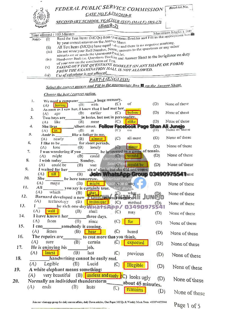SST Solved Paper Conducted by FPSC WhatsApp Group 03490975542 | PDF