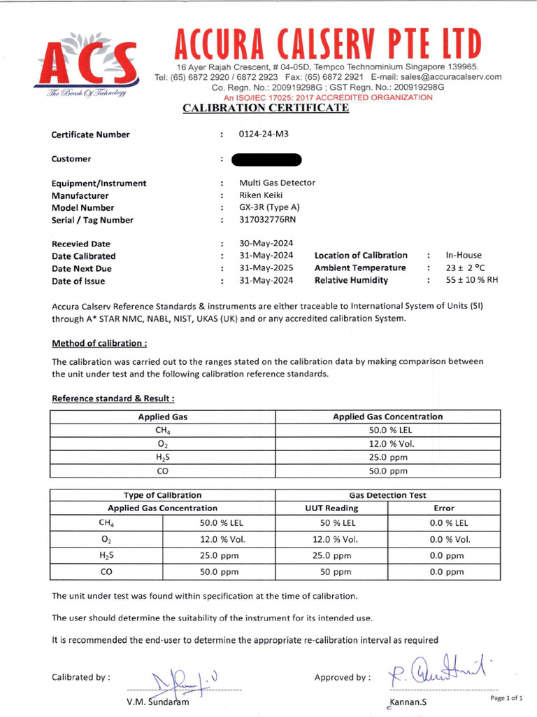 Gas Detector Calibration Cert | PDF