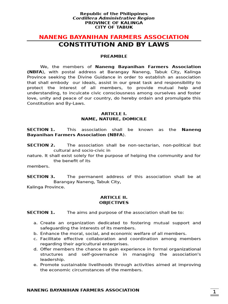 NANENG FARMERS ASSOCIATION - Constitution and by Laws1 | PDF | Board Of Directors | Presidents ...
