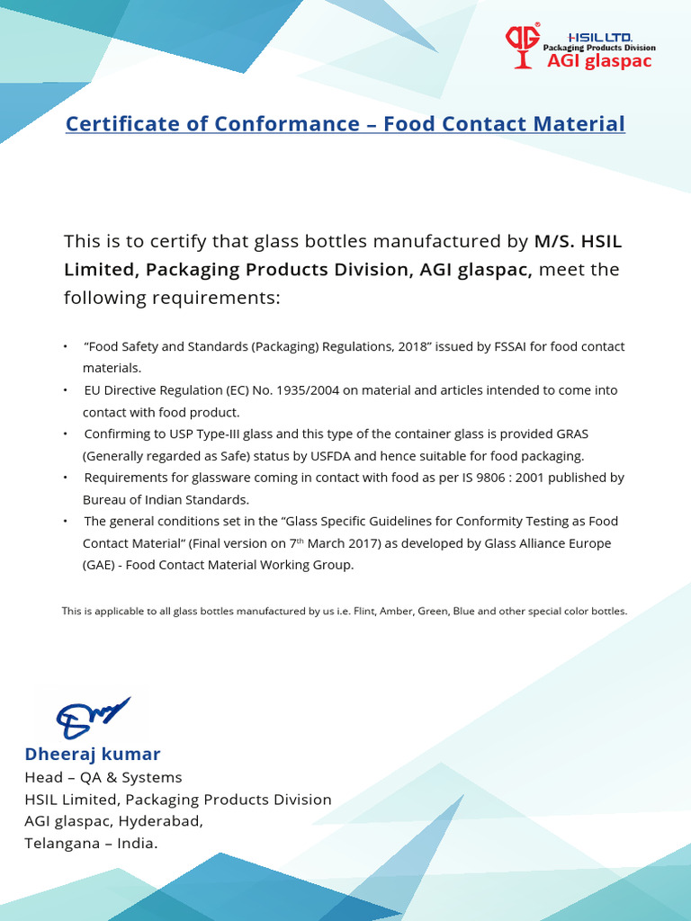 Food Contact Certification for Glass Bottles | PDF
