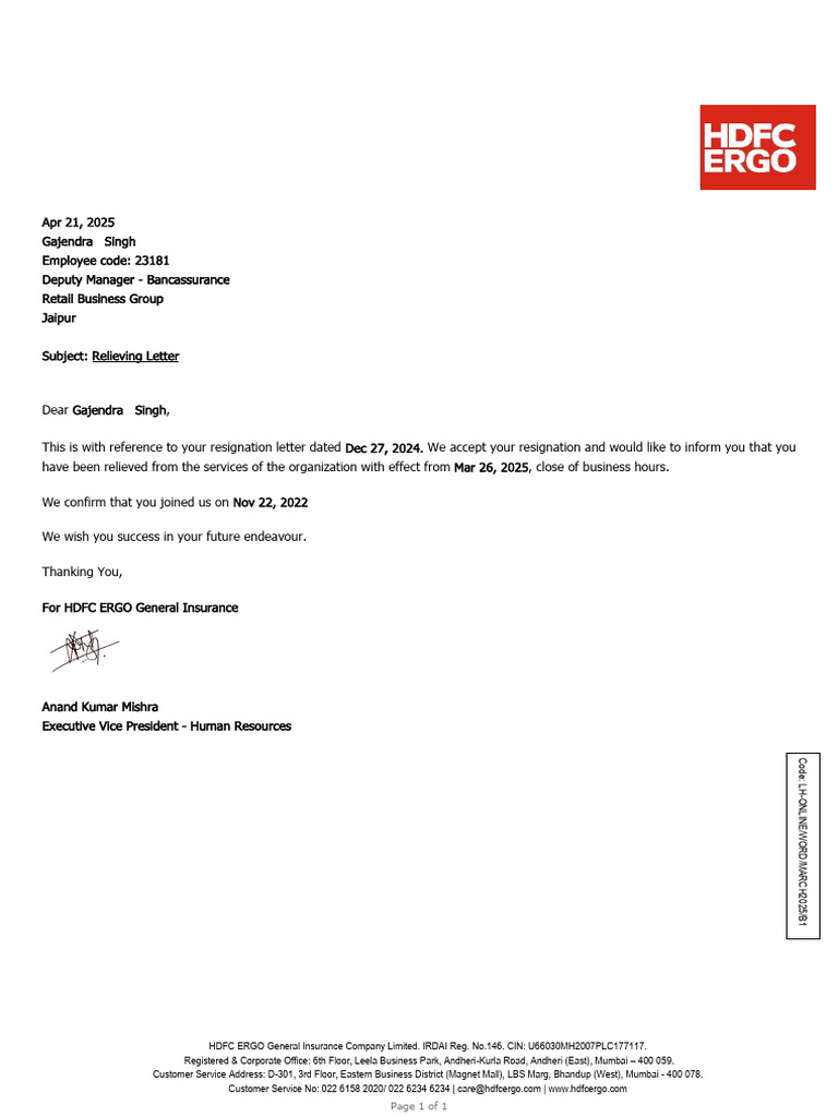 Relieving Letter | PDF