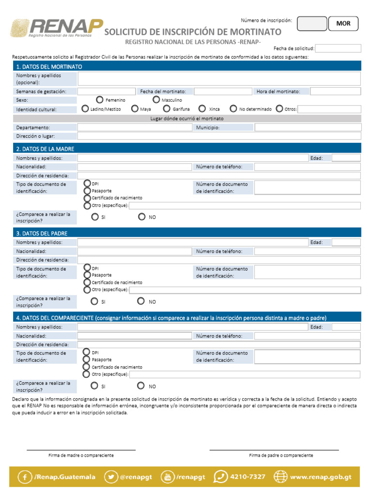 Solicitud de Inscripción de Mortinato | PDF | Certificado de nacimiento ...