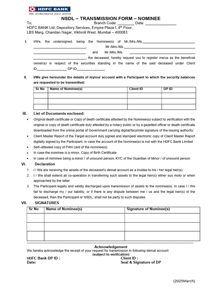 NSDL - Transmission Form - Nominee: Iii. List of Documents Enclosed | PDF