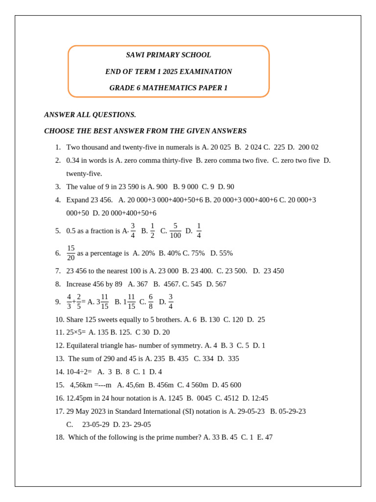 Katamba Primary School GRD 6 Maths Paper 1 | PDF | Arithmetic | Mathematics