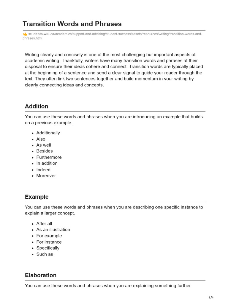 Students - Wlu.ca-Transition Words and Phrases | PDF | Phrase