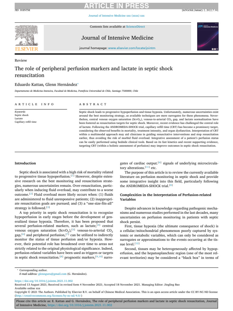 The Role of Peripheral Perfusion Markers and Lactate in Septic Shock ...