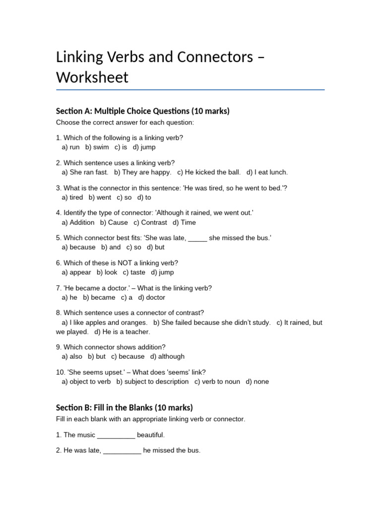 Linking Verb and Connectors Worksheet | PDF | Verb | Subject (Grammar)