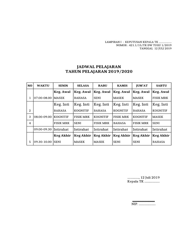 Jadwal pelajaran TK | PDF