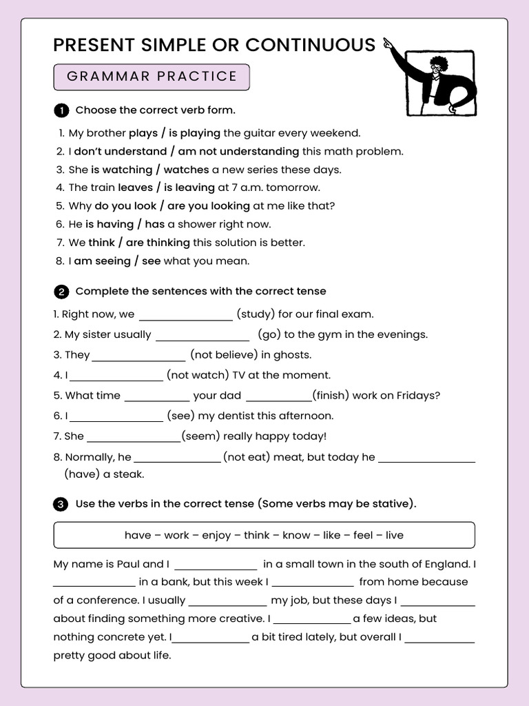 Present Simple or Continuous Worksheet in Colorful Simple Style | PDF