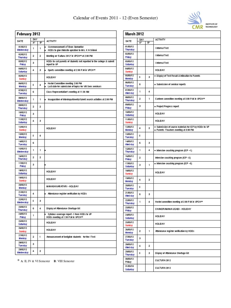 Calendar of Events (Even - 2011-12) Student | PDF
