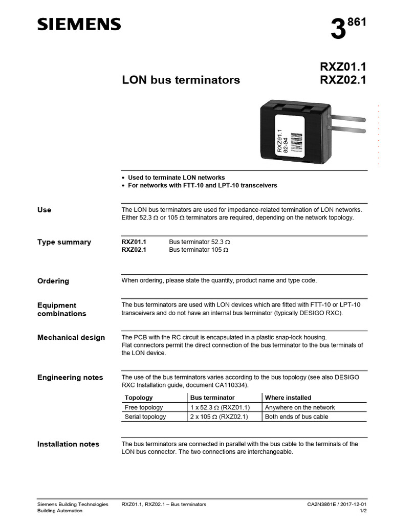 LON Bus Terminators 523 - 105 - RXZ01.1 RXZ02. - en | PDF | Electrical ...