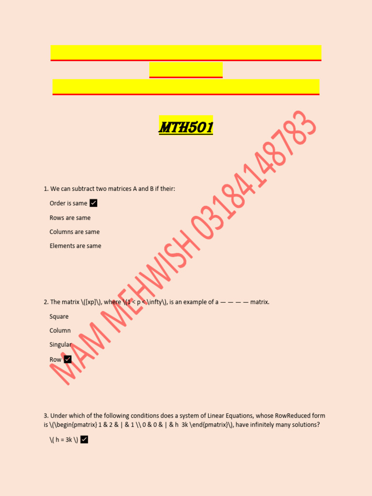 MTH501 MCQS Mids Oct2024 Mam Mehwish | PDF