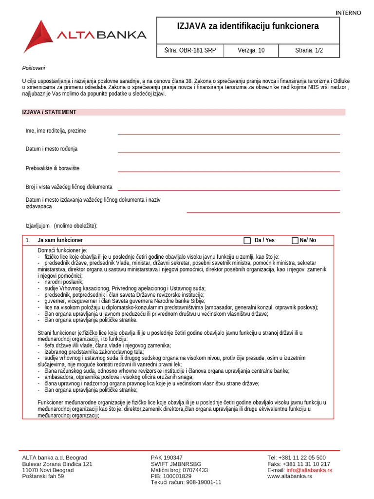 Izjava Za Identifikaciju Funkcionera | PDF