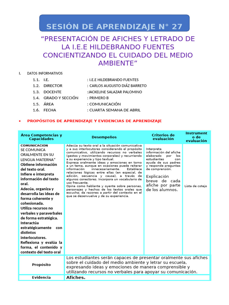 1° Ses - Comu Presentamos Nuestros Afiches y Letramos La Institución | PDF | Evaluación
