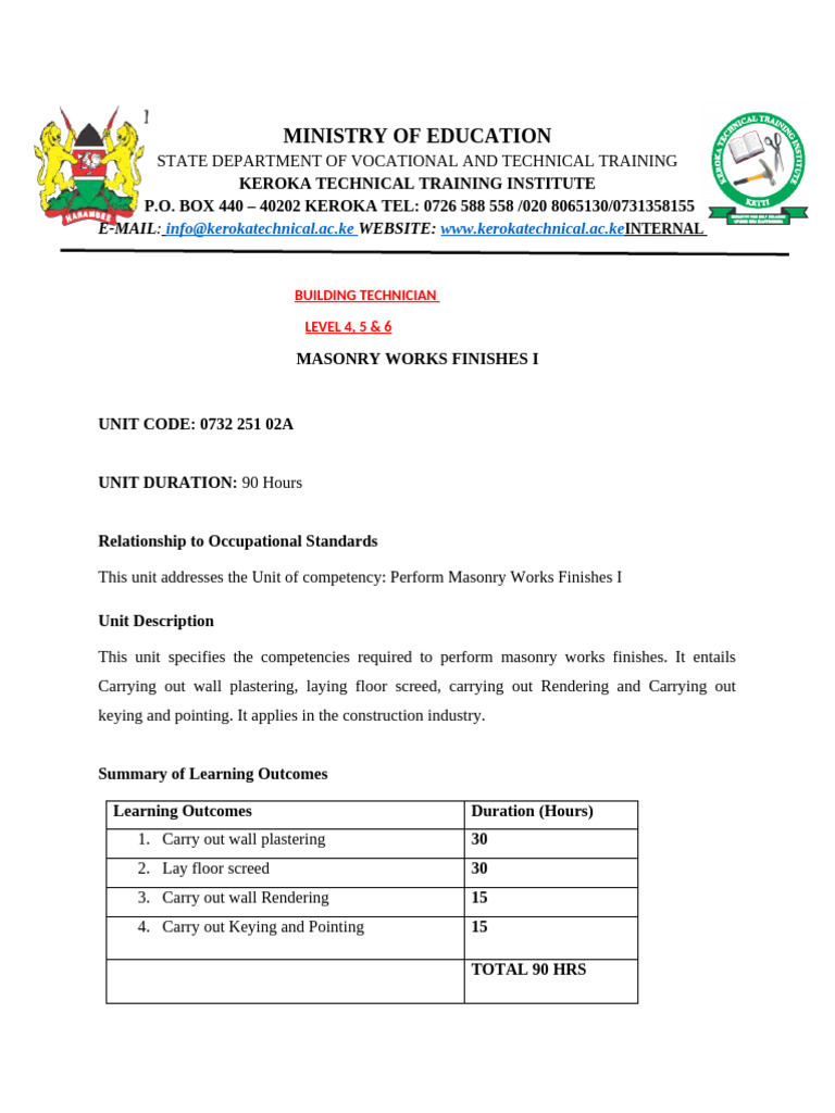 Masonry Works Finishes I (Module 1) Level 4, 5 & 6 | PDF | Masonry ...